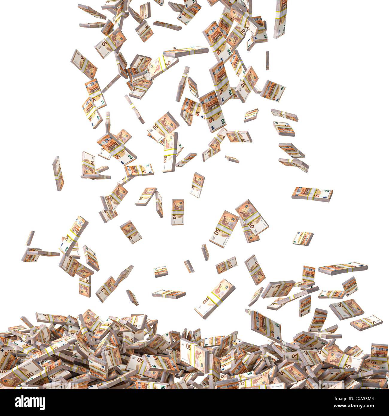 Stacks fifty euro bills falling collecting money isolated background ...