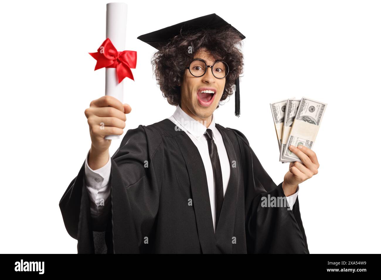 Happy male student in a graduation gown holding a diploma and money ...