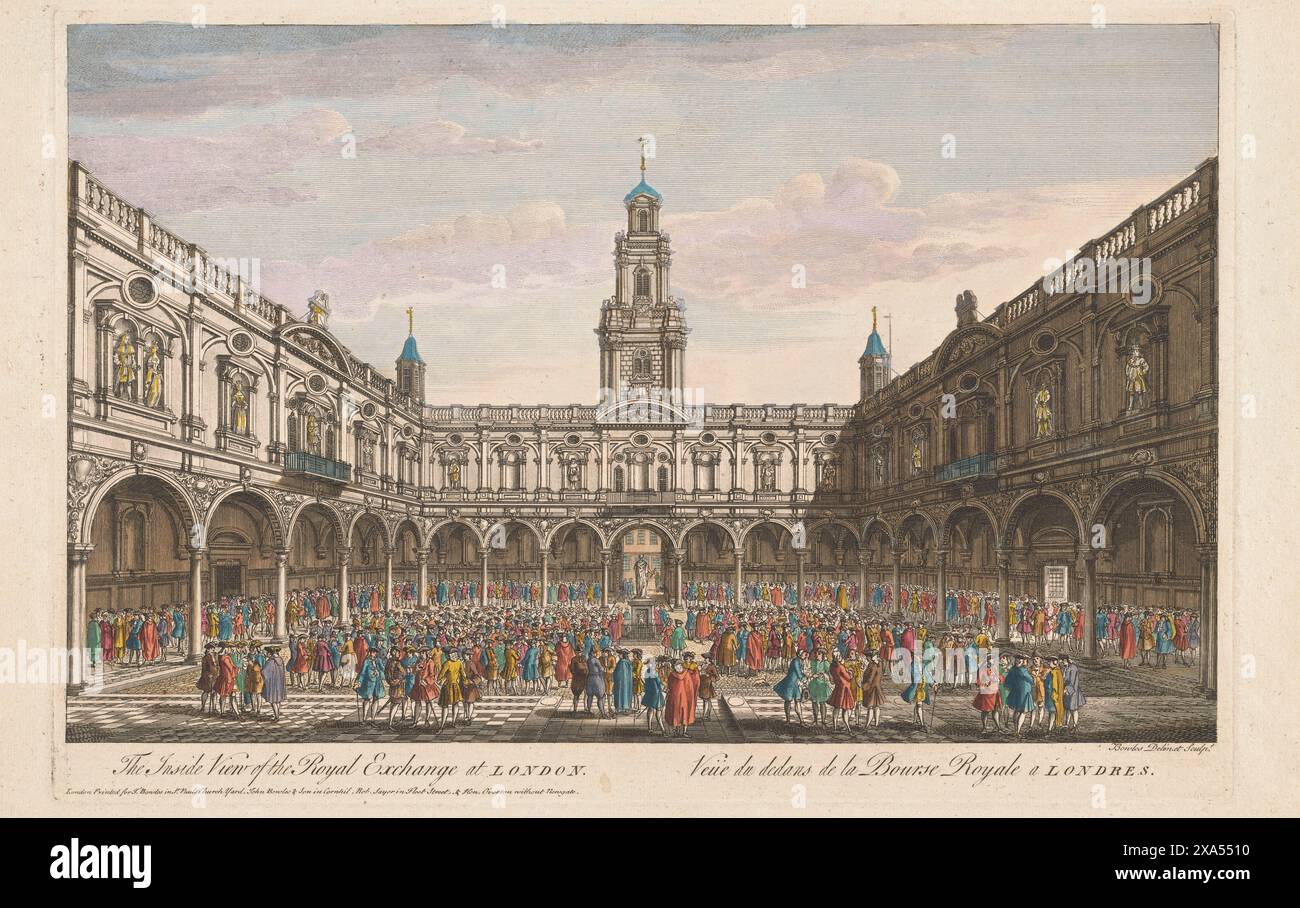 A print coloured engraving of an inside view of the Royal Exchange ...
