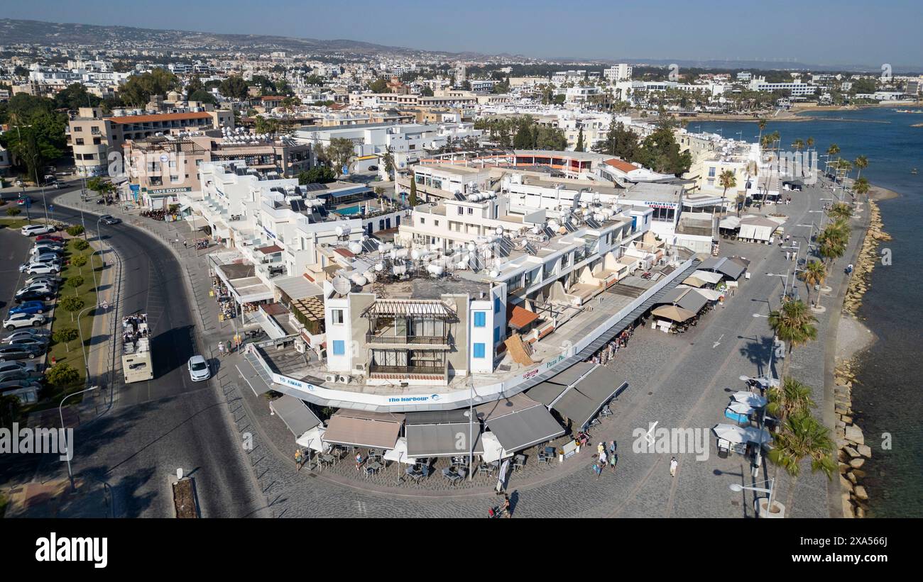 Aerial view of the seafront and promenade, Paphos, Republic of Cyprus ...