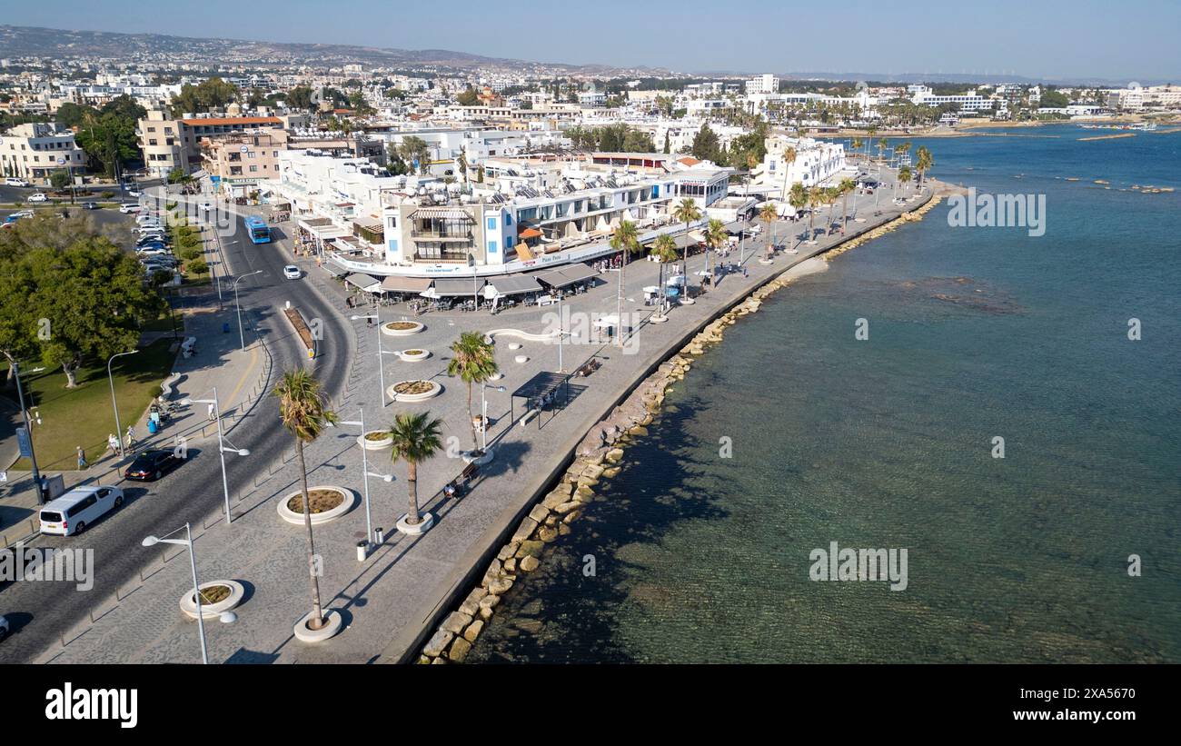 Aerial view of the seafront and promenade, Paphos, Republic of Cyprus ...