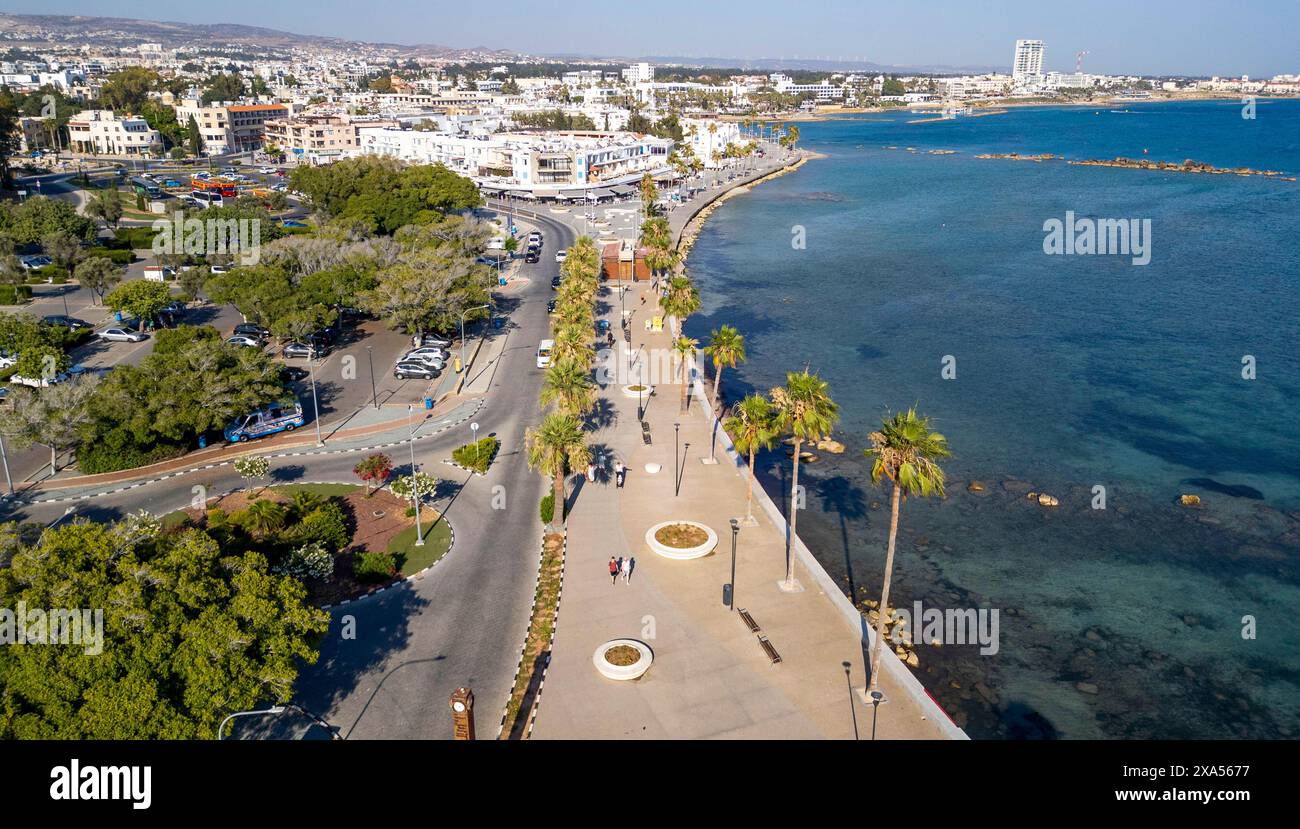 Aerial view of the seafront and promenade, Paphos, Republic of Cyprus ...