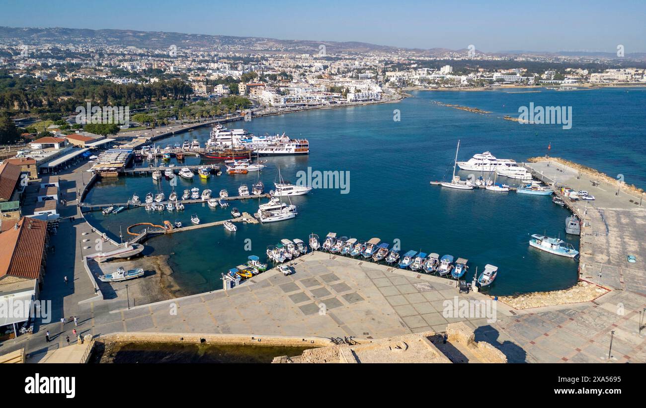 Aerial drone view of the Paphos harbour and Paphos Fort, Republic of ...