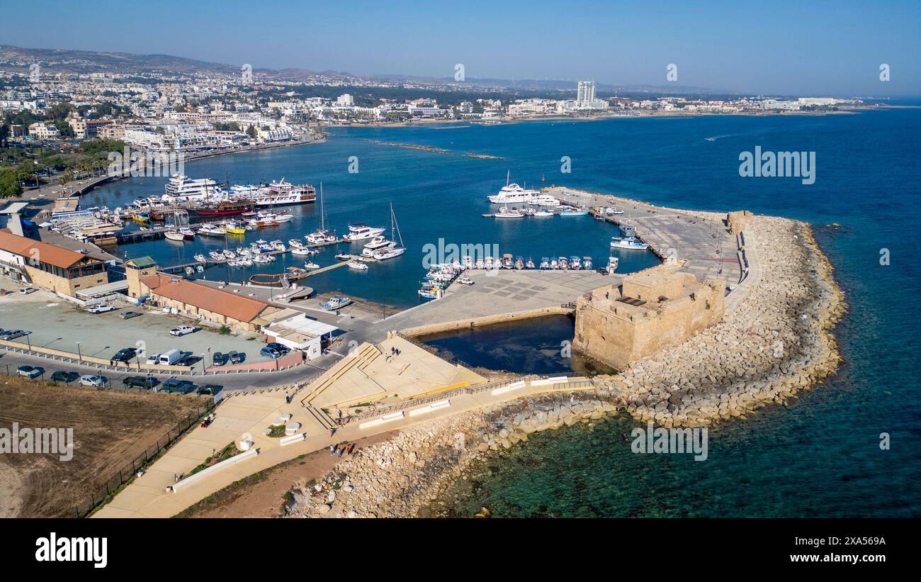 Aerial drone view of the Paphos harbour and Paphos Fort, Republic of ...