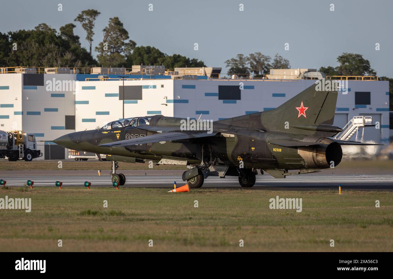 A Mig-23 jet taking off from an airport in Lakeland, Florida following ...