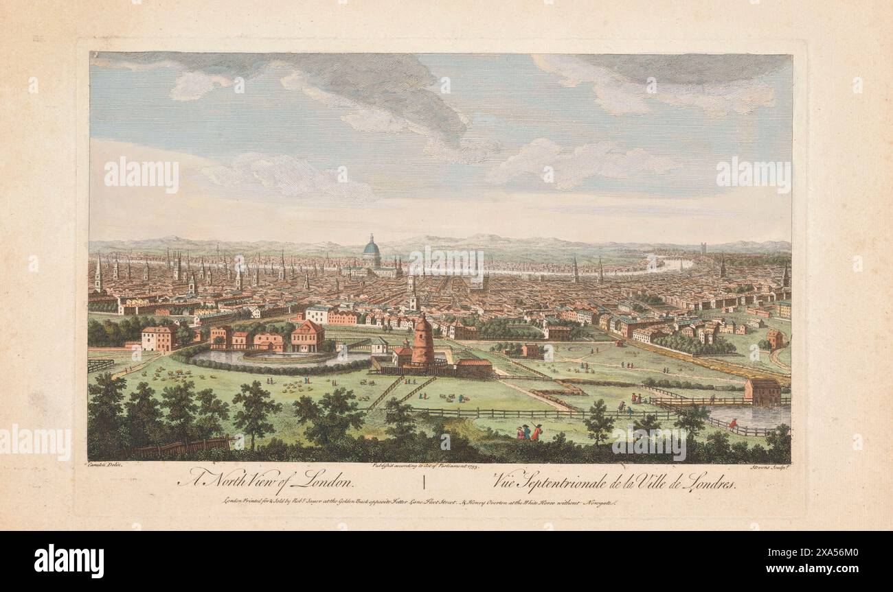 A print coloured engraving of a north view of the city of London, in ...