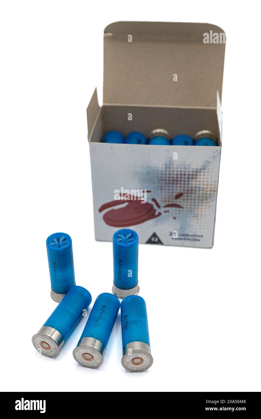 Detail of 12 gauge shotgun shells on white background. Blue shot ...
