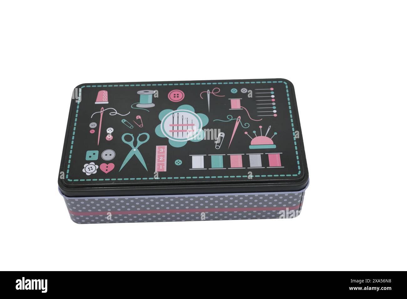 Detail of a small sewing kit on white background. It's a tin box Stock ...