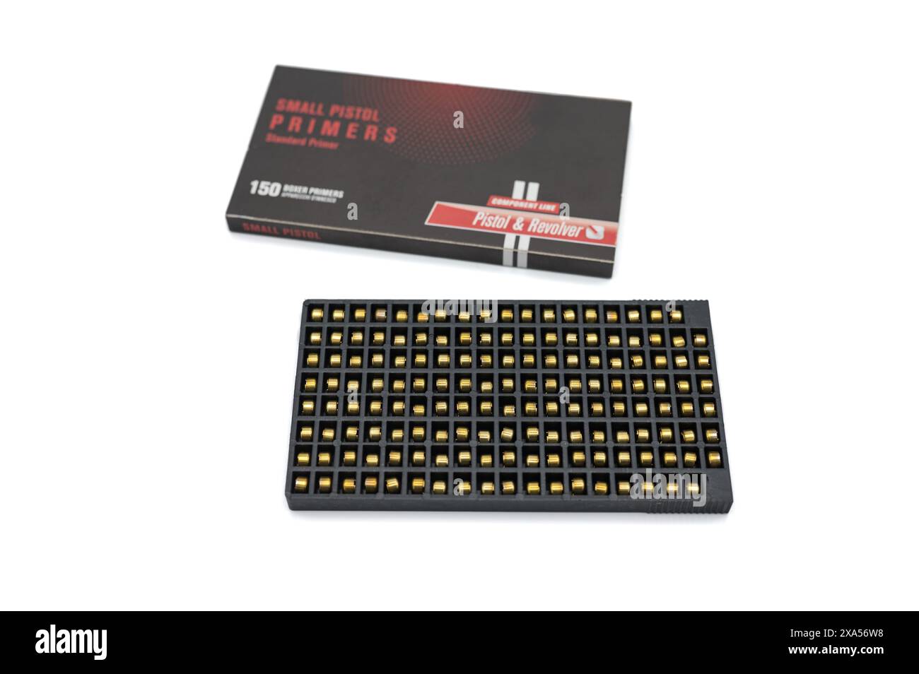 Detail of a box of small pistol type primers for reloading pistol ...