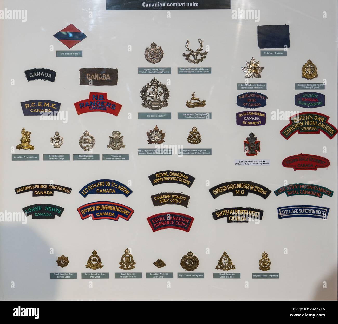 Detail of the different emblems of the Canadian Combat Units in the ...
