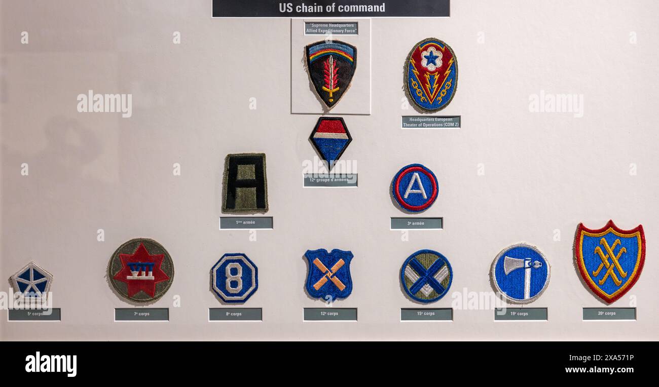 Detail of various US chain command patches on white background at the ...