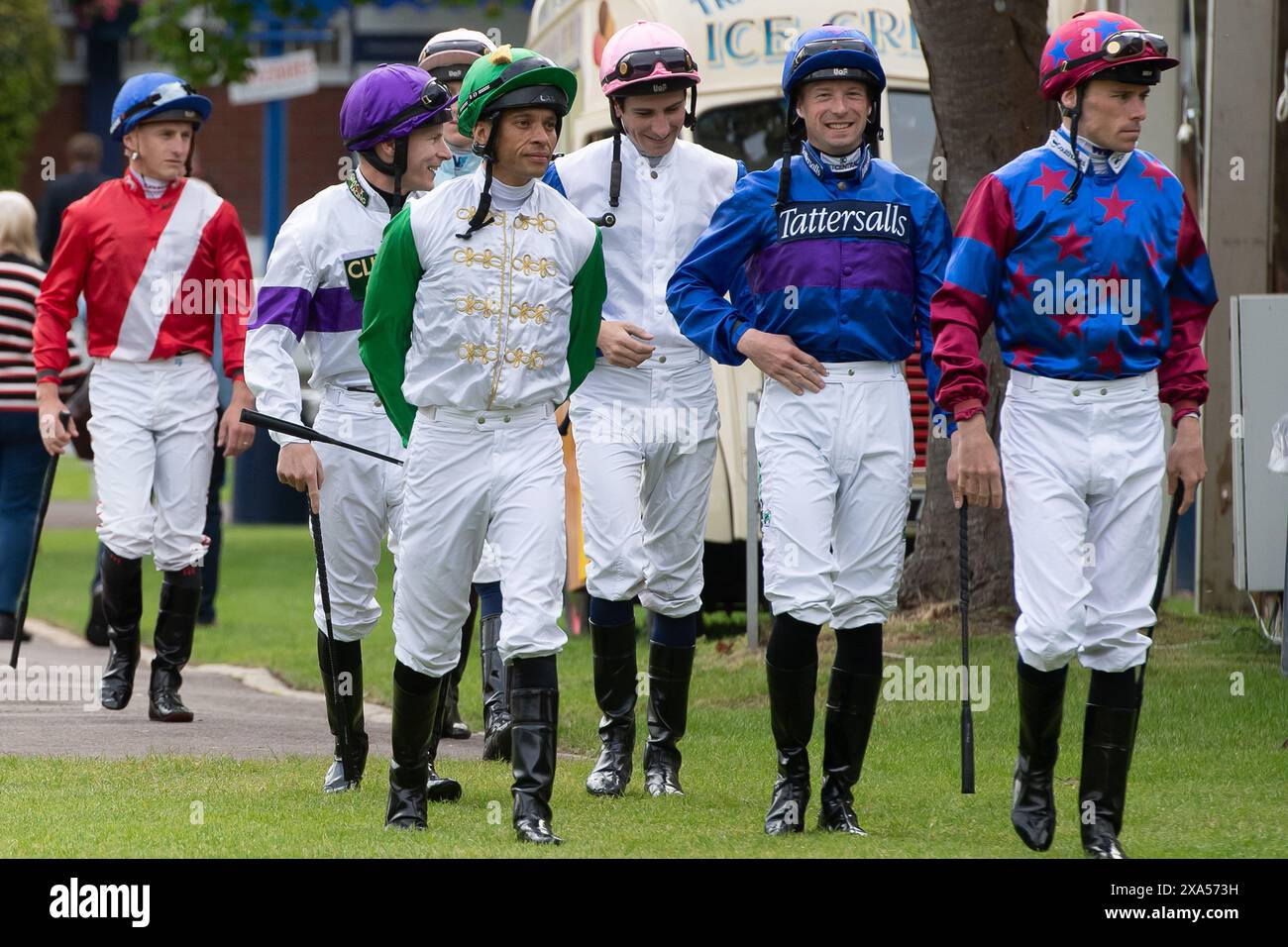 Windsor, UK. 3rd June 2024. Jockeys Sean Levey (L), Jack Mitchell (M ...