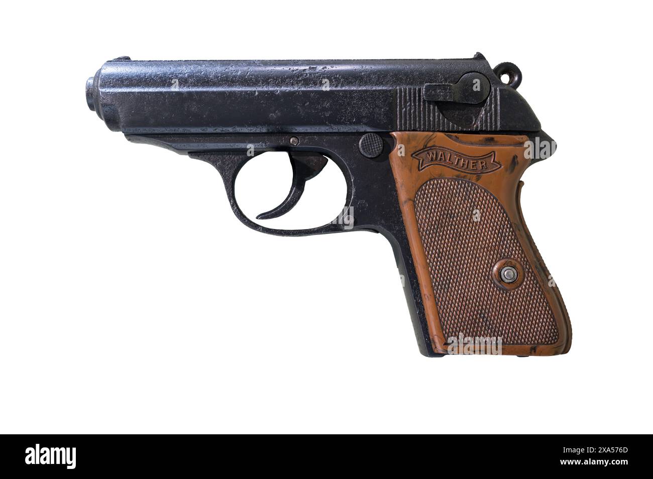 Detail of a small German WWII pistol, the Walther PPK on a white ...