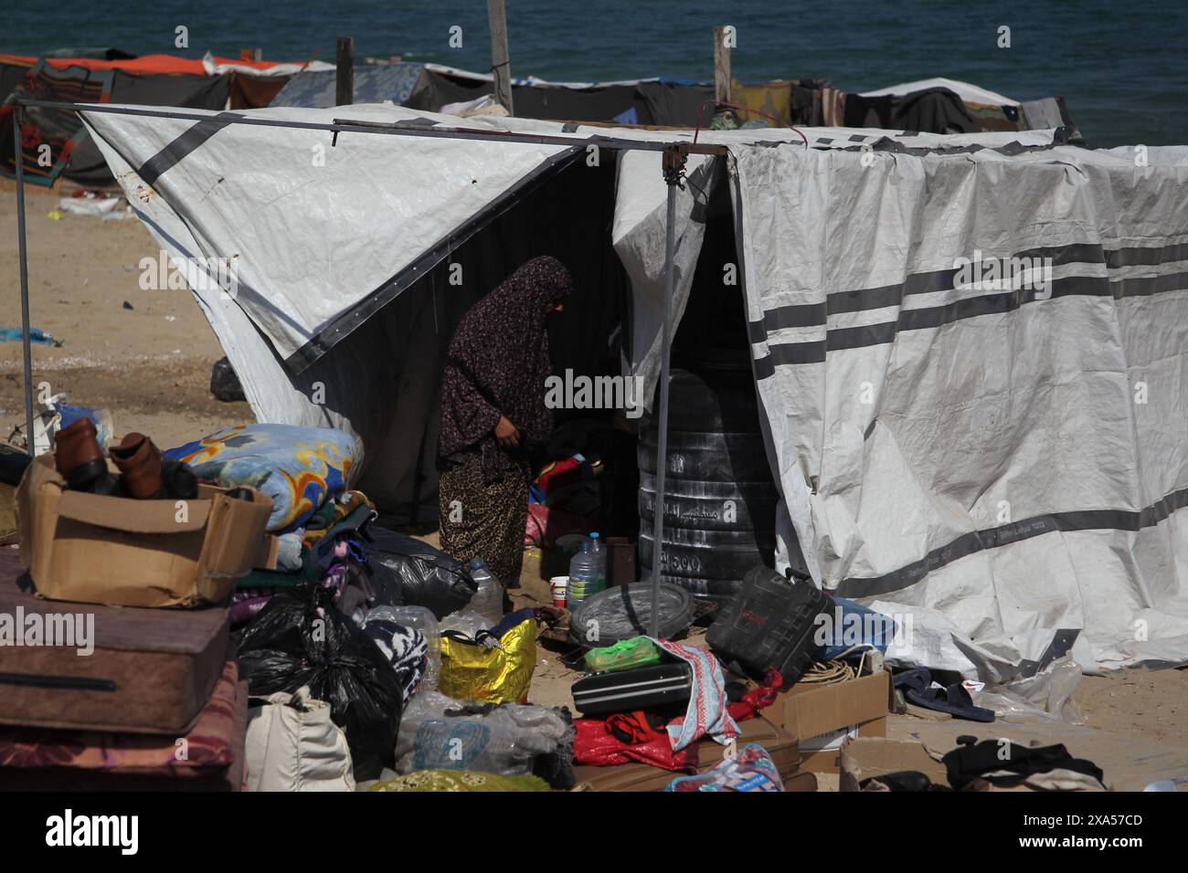 Gaza. 4th June, 2024. Palestinians who fled from Rafah are seen at a ...