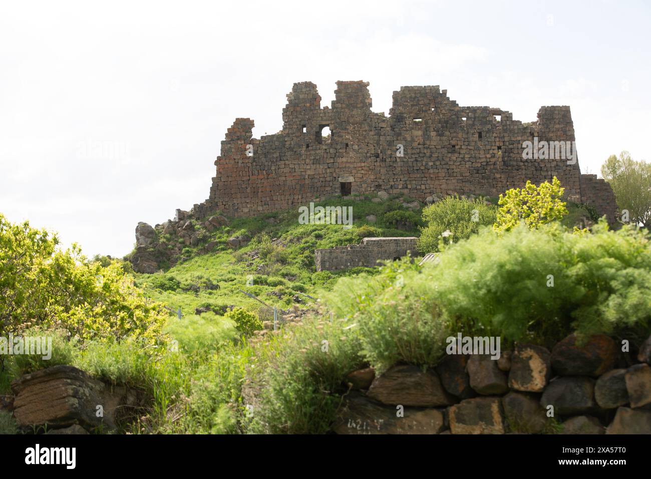 A scenic view of medieval Amberd Fortress on a green hill in Armenia ...
