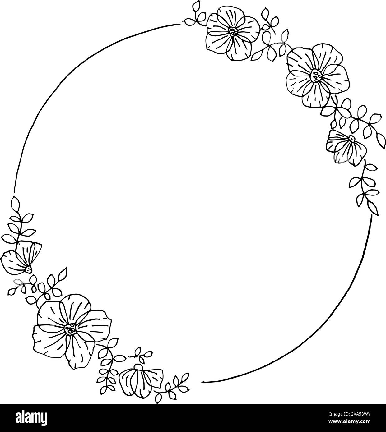 Hand drawn floral border. Black and white floral wreath for wedding ...