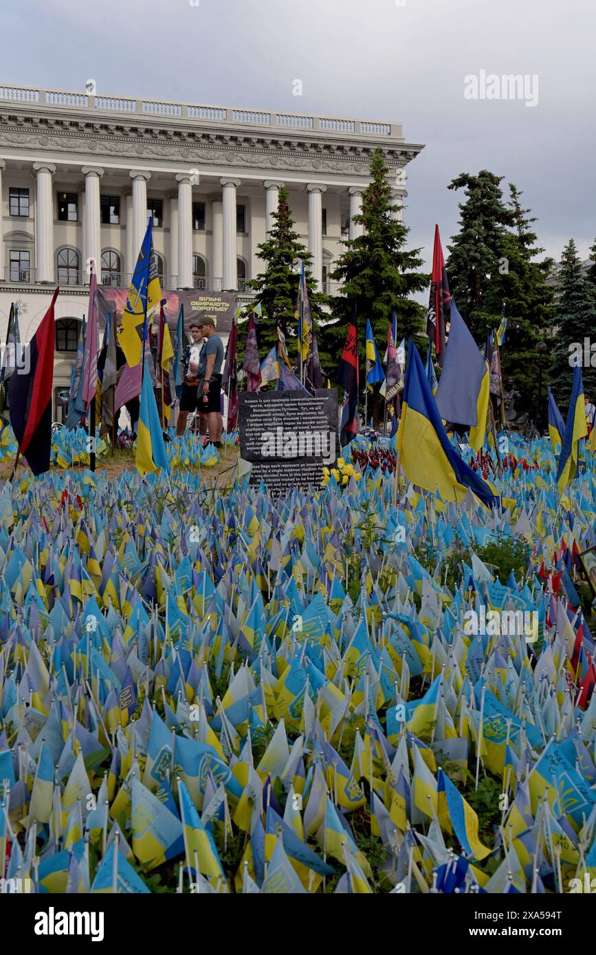 A huge memorial display of Ukrainian flags carrying names of fallen ...