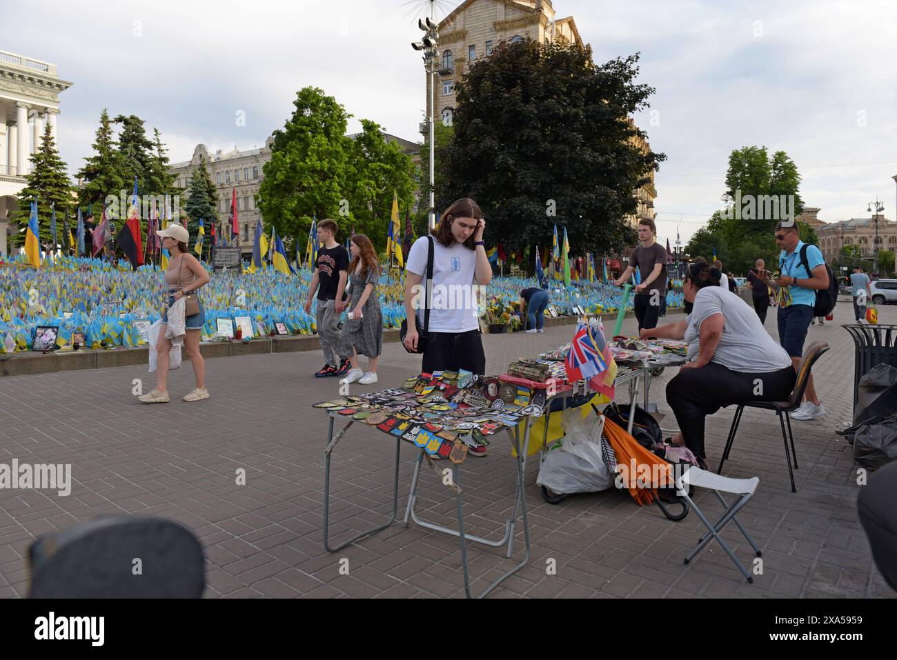 Souvenir stalls selling Ukrainian flags and badges at the Maiden Square ...