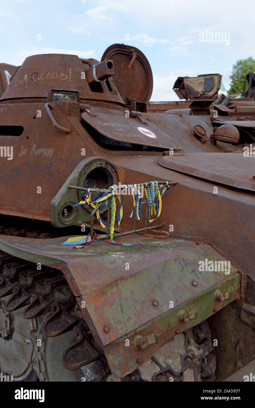 Ukrainian colours tied to the remains of destroyed and captured Russian ...
