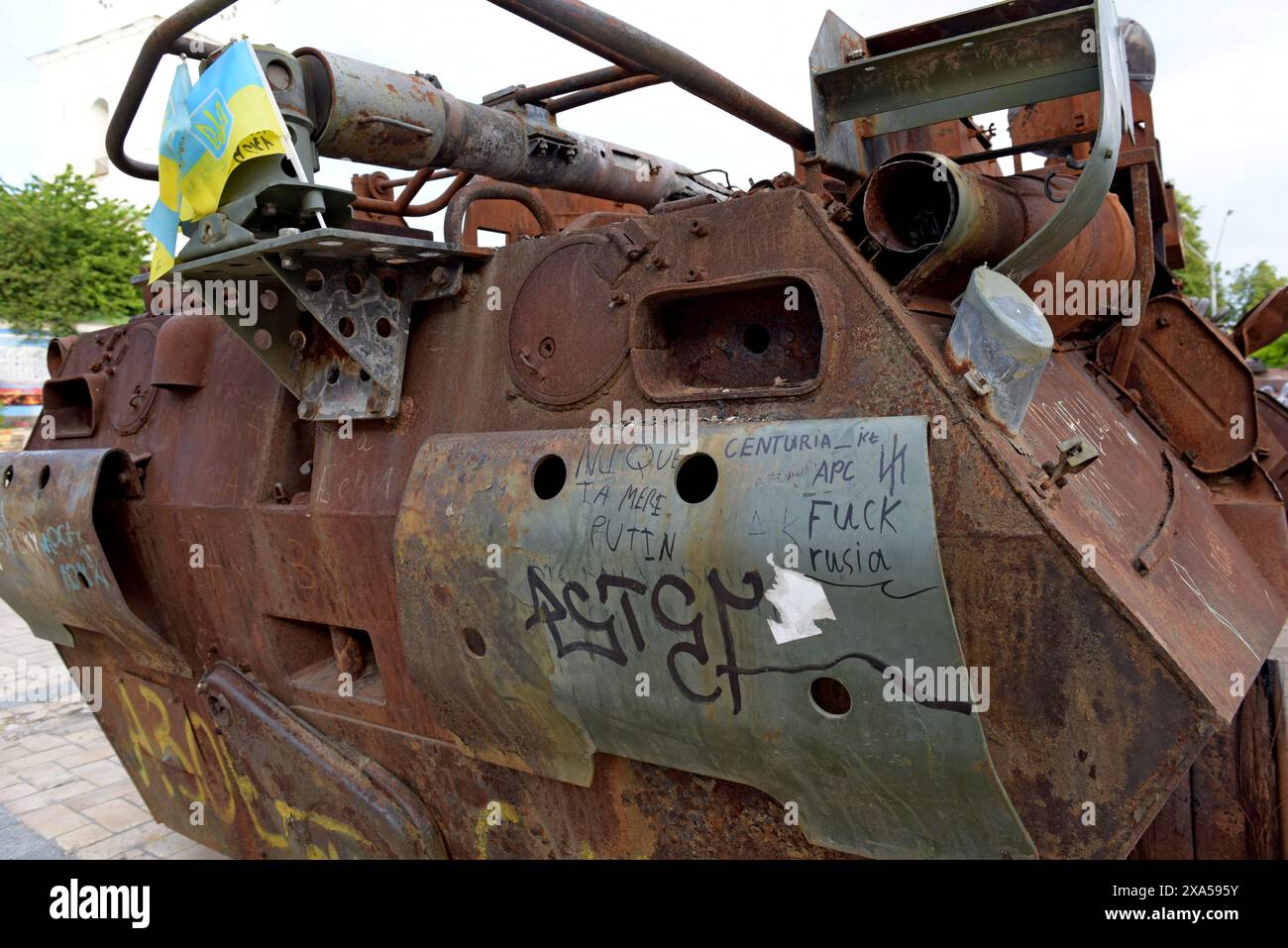 Ukrainian colours tied to the remains of destroyed and captured Russian ...