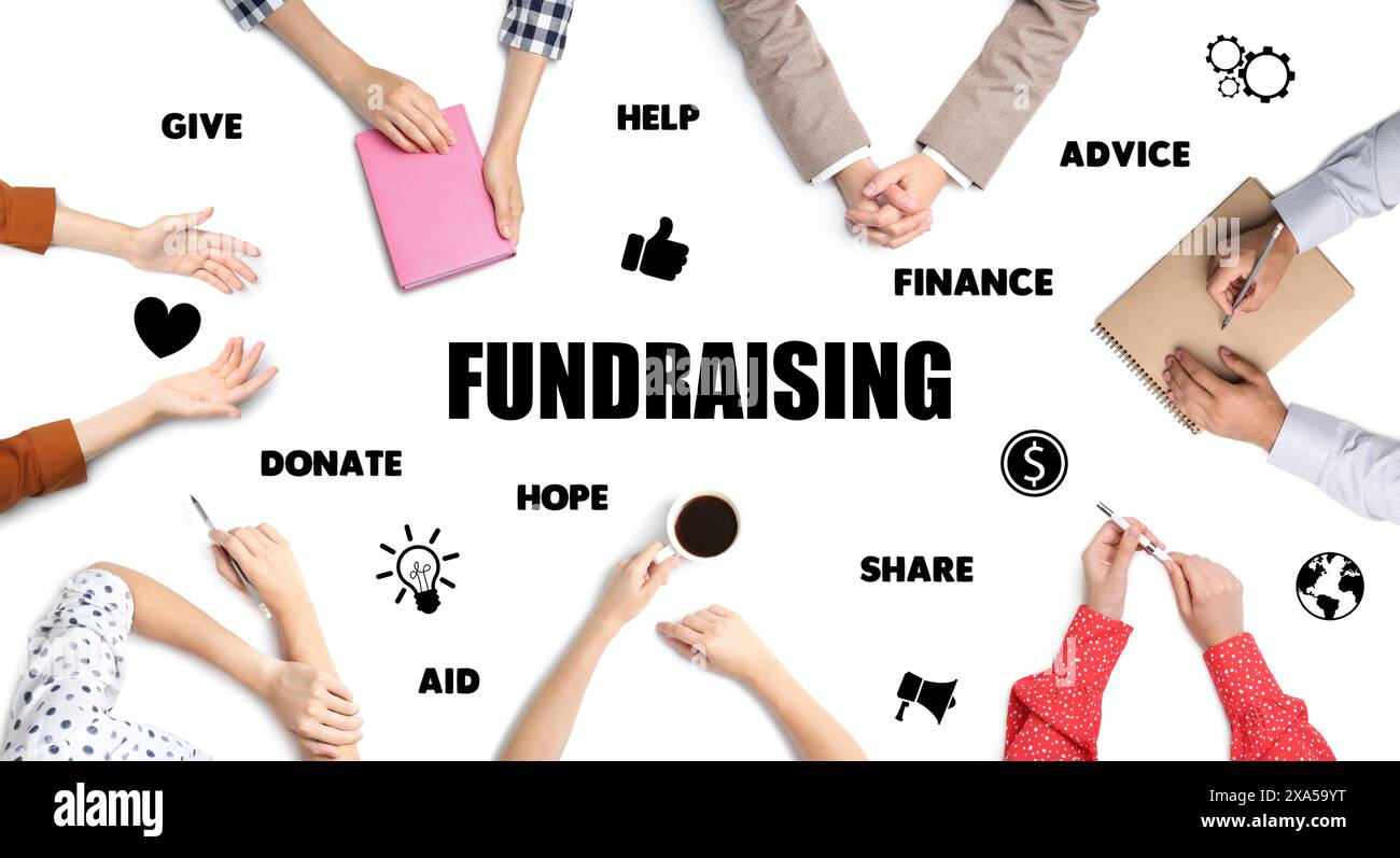 Fundraising themed words and icons on white background, banner design ...