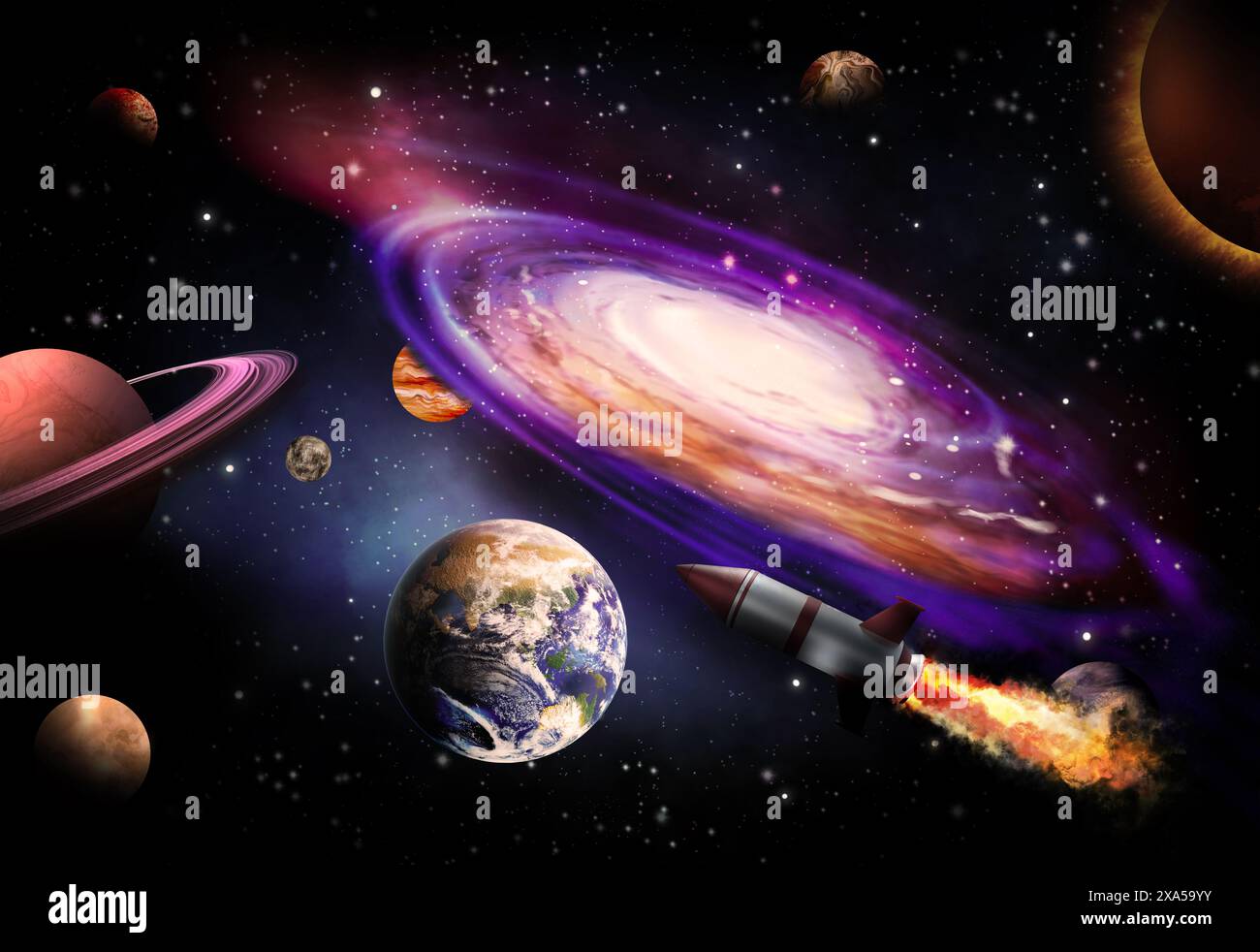 Rocket, planets and galaxy in deep space Stock Photo - Alamy