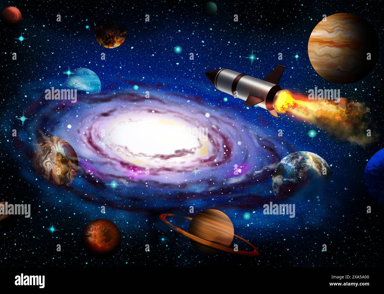 Rocket, planets and galaxy in deep space Stock Photo - Alamy