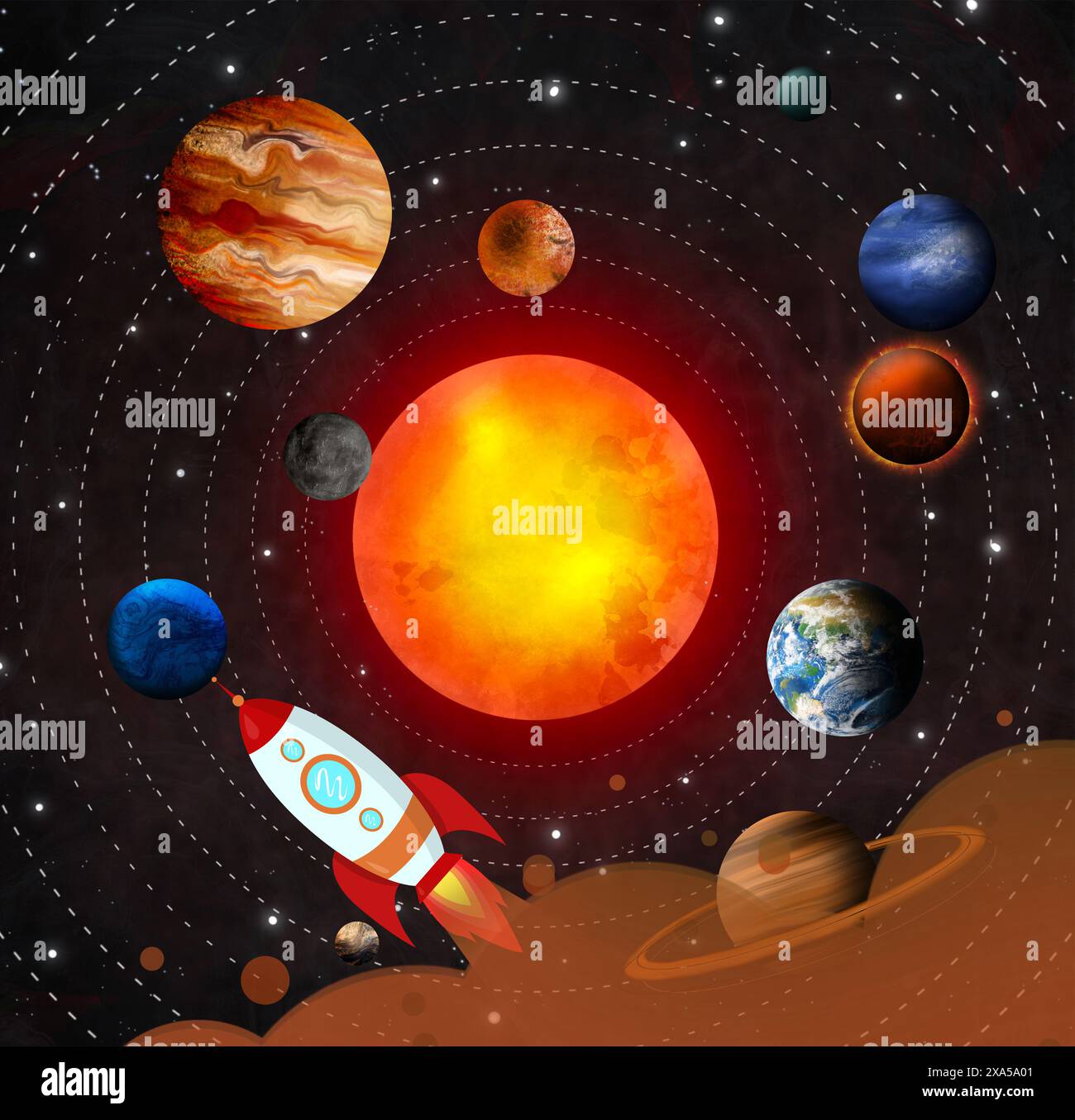 Rocket, planets and sun in space. Solar system Stock Photo - Alamy