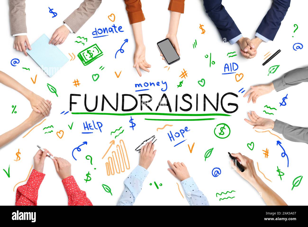 Fundraising themed words and icons on white background, top view ...