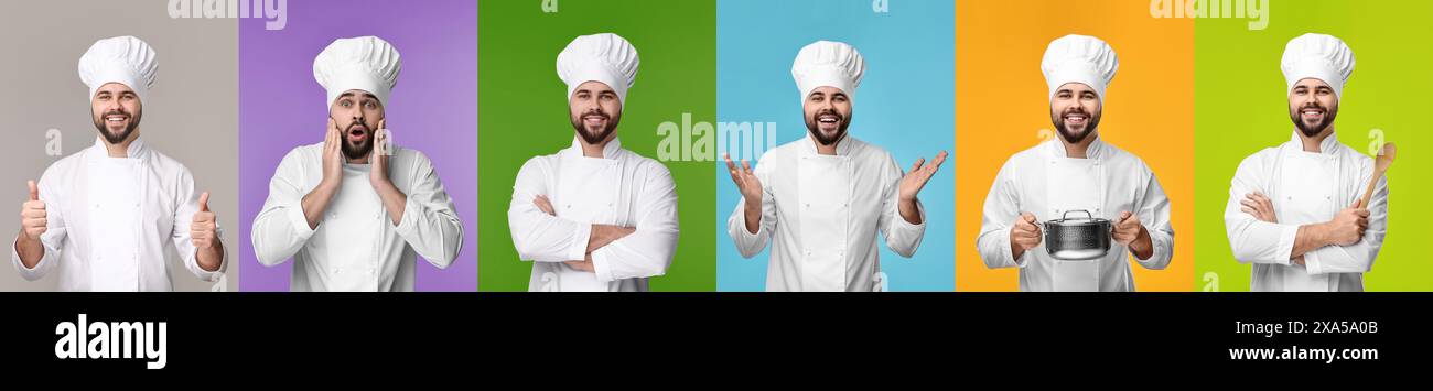 Collage with photos of professional chef on different color backgrounds ...