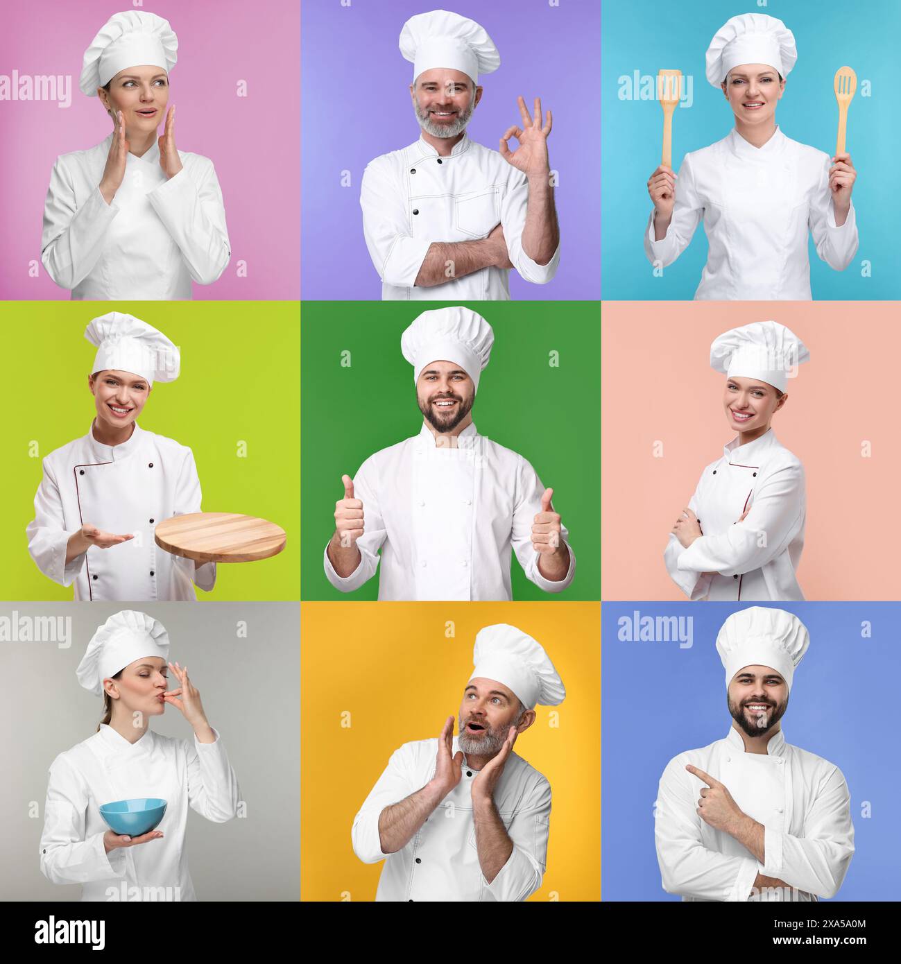 Collage with photos of professional chefs on different color ...