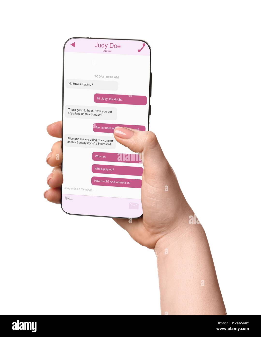 Woman texting via mobile phone on white background, closeup. Device ...