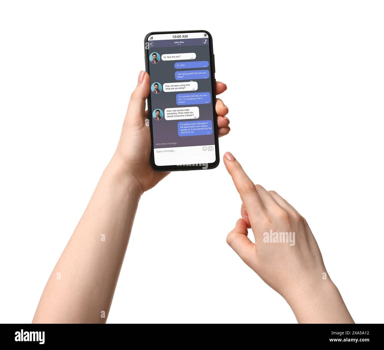 Woman texting via mobile phone on white background, closeup. Device ...