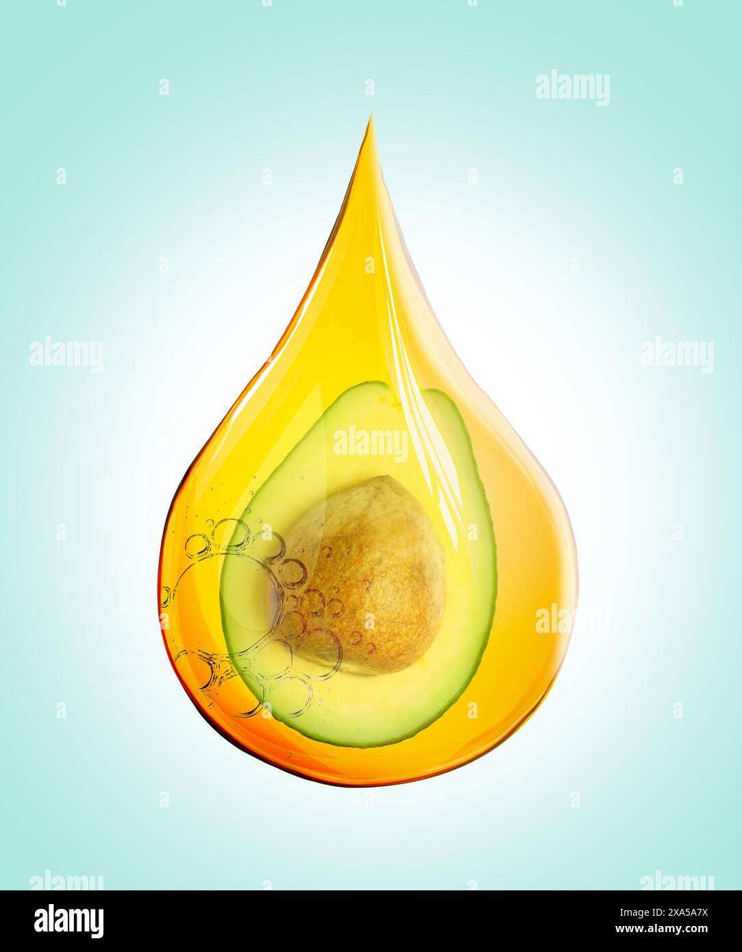 Cooking oil drop with half of avocado inside on light blue background ...