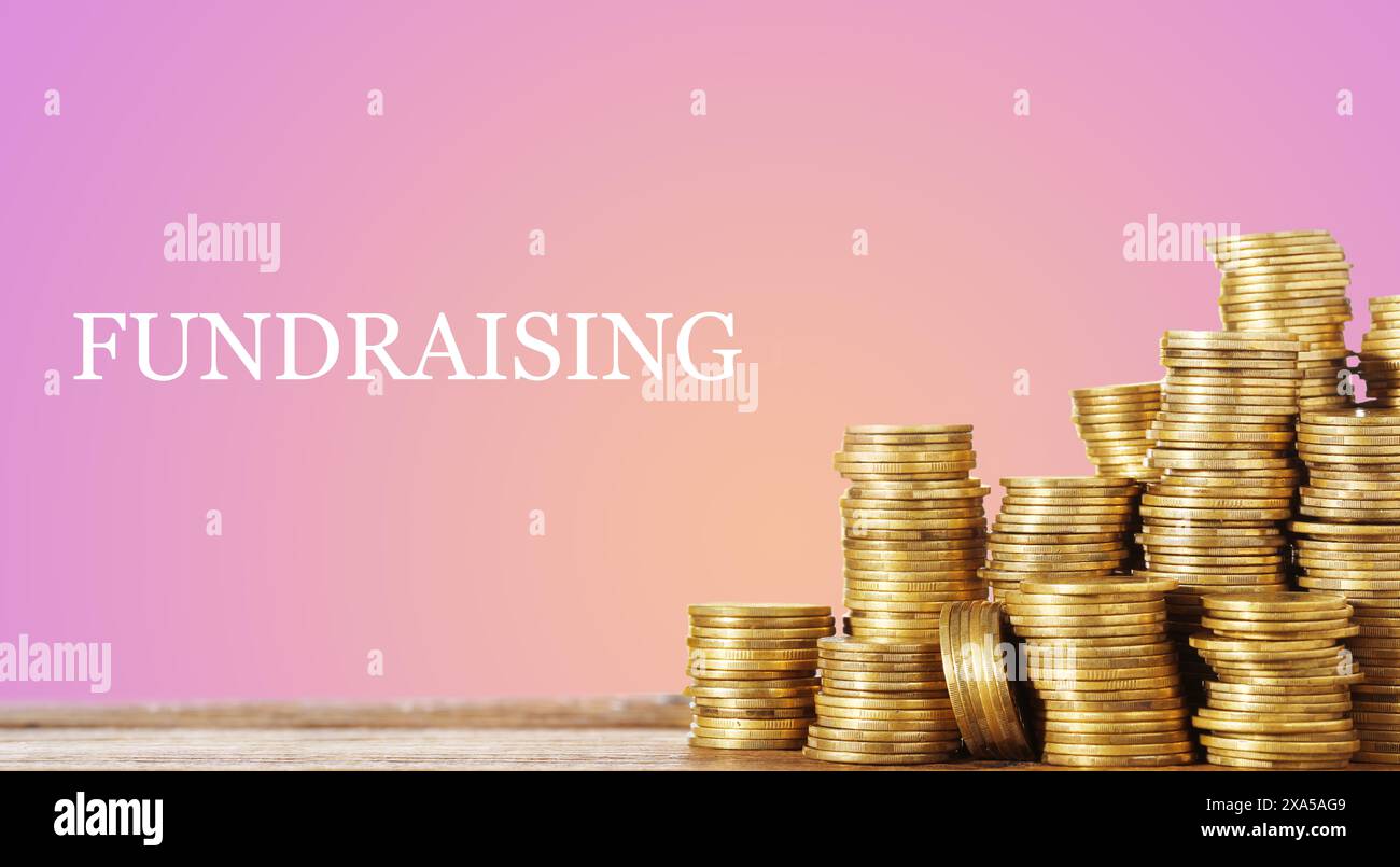 Stacked coins on color background, banner design. Fundraising Stock ...