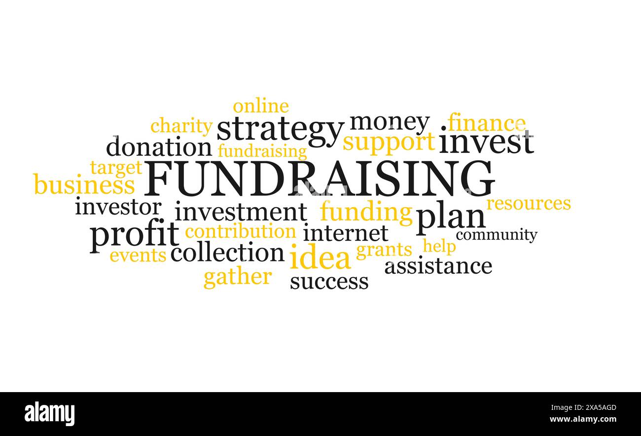 Word cloud with fundraising terms on white background Stock Photo - Alamy