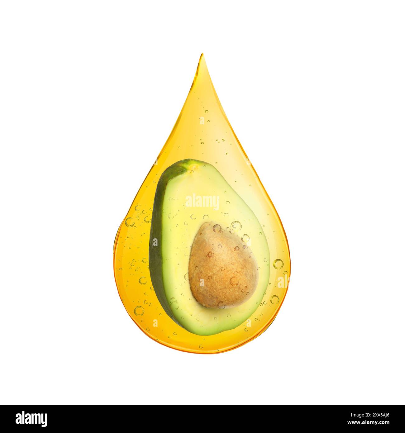 Cooking oil drop with half of avocado inside on white background Stock ...