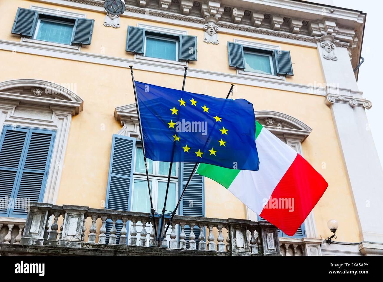 Italian and European union flags at building in Rome, Italy Stock Photo ...