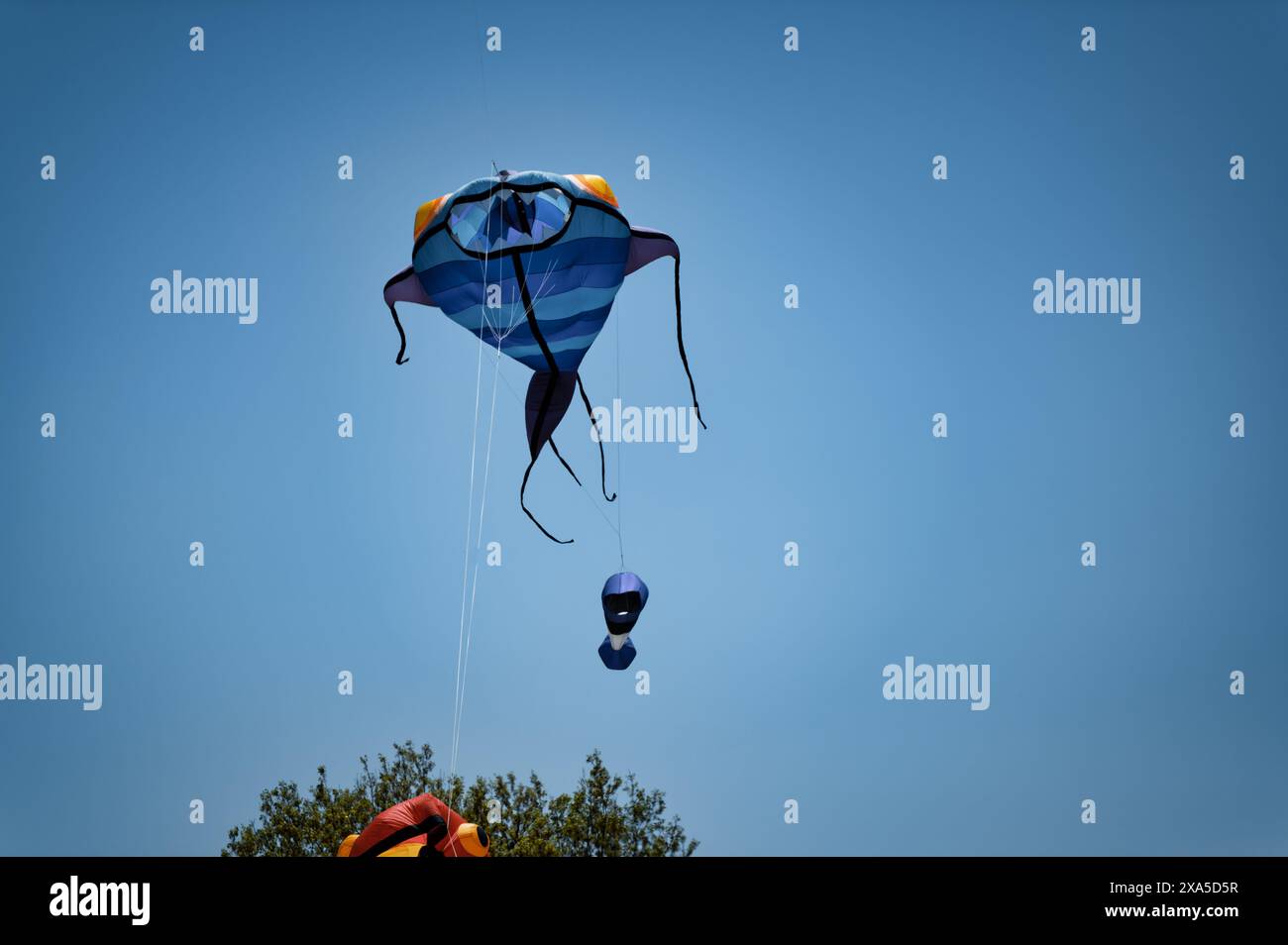 Two kites flying in the sky, one performing an upside-down maneuver ...