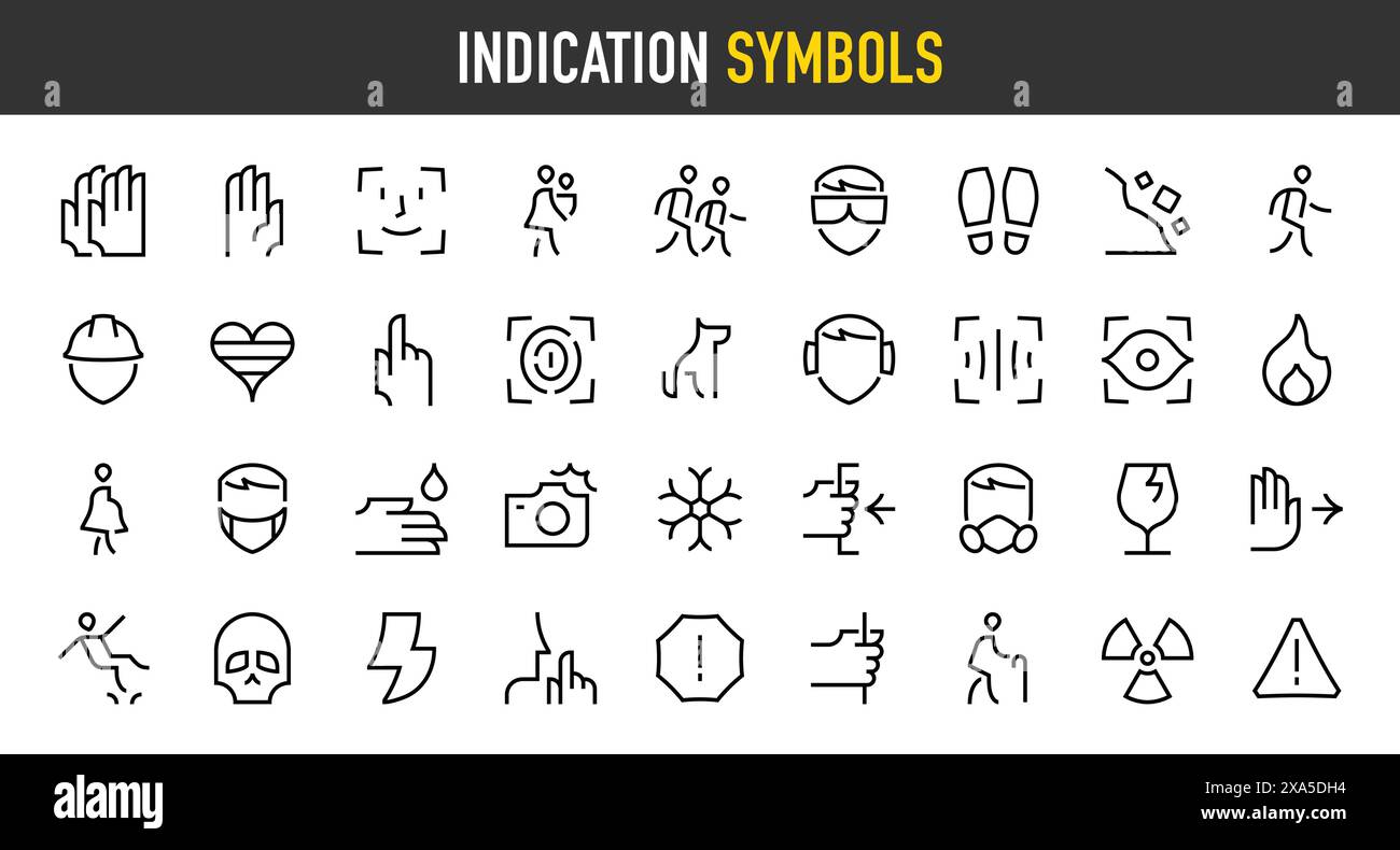 Indication symbols icons. Alert, Danger, Elderly People, Face Scan ...