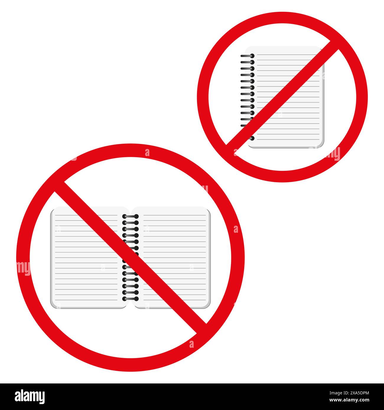 No notebooks allowed. Red prohibition signs. Spiral-bound books. Vector ...