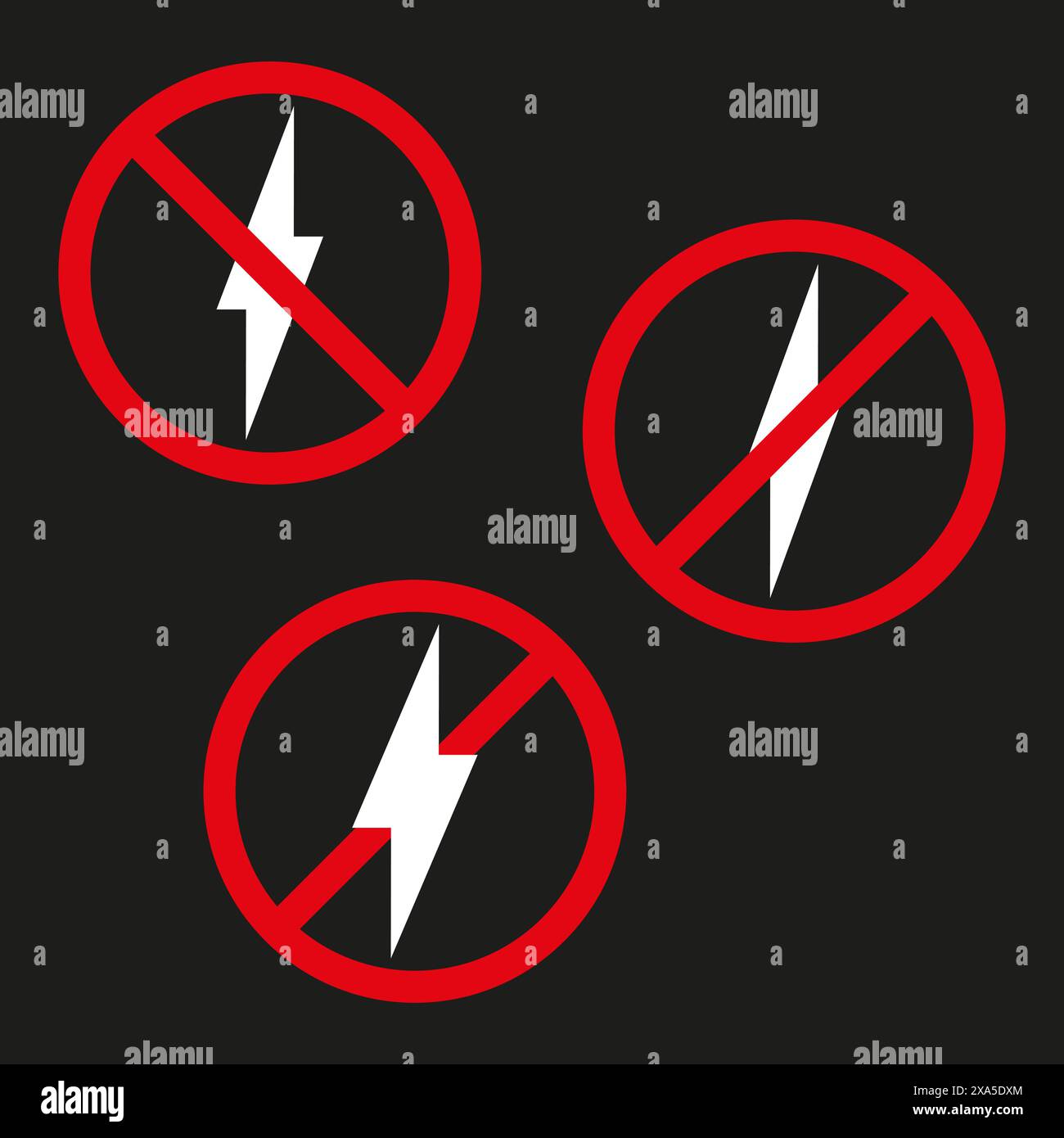 No lightning bolt icons. Red prohibition signs. Black background vector ...