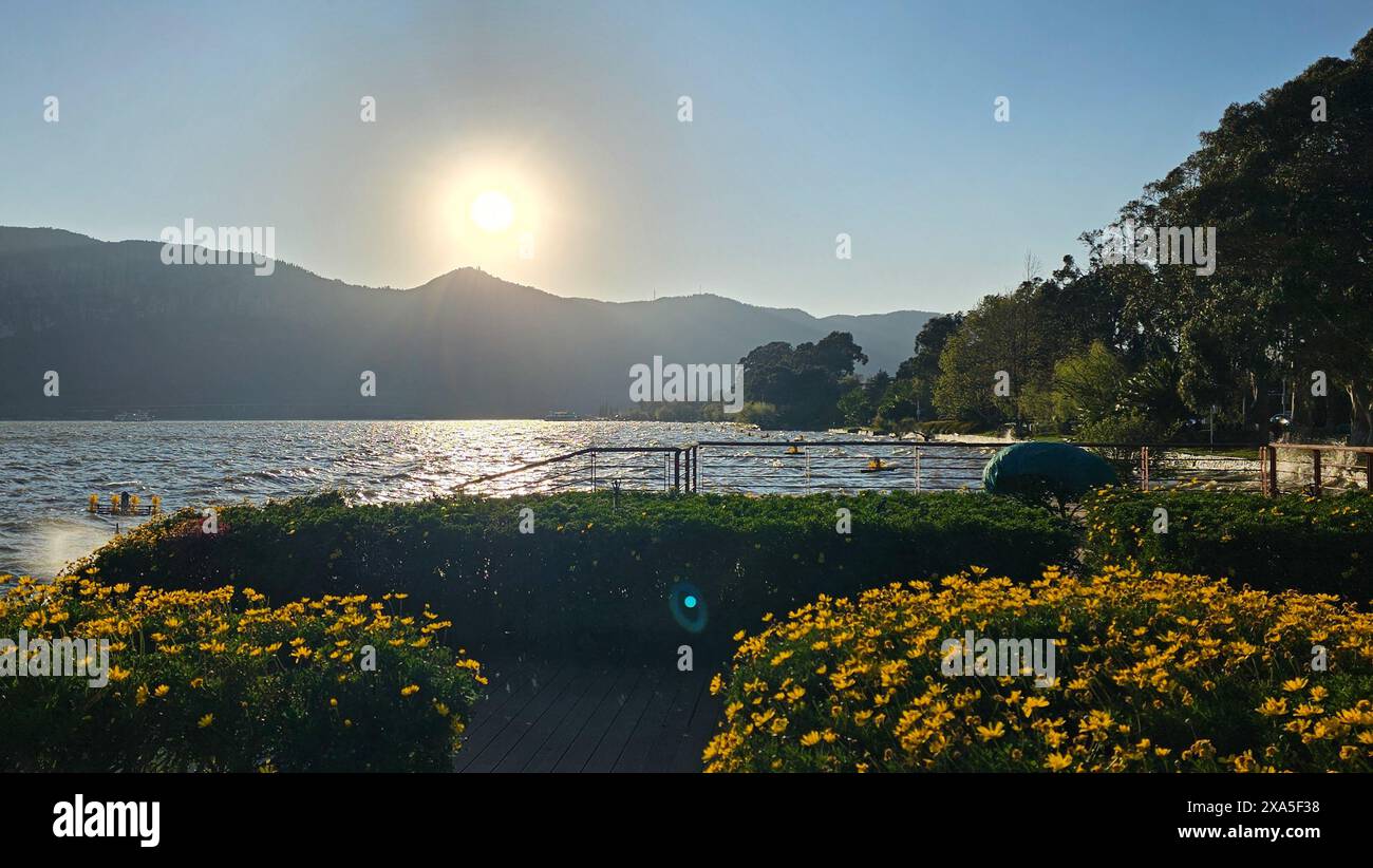 A scenic view of Dianchi Lake, Yunnan Province, China, with a bright ...