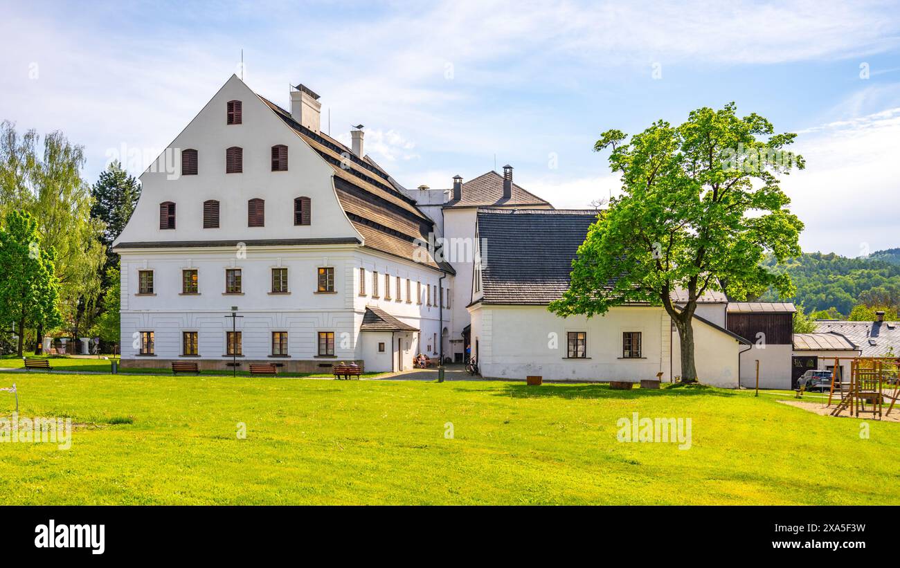 A view of the historic paper mill building in Velke Losiny, Czechia ...