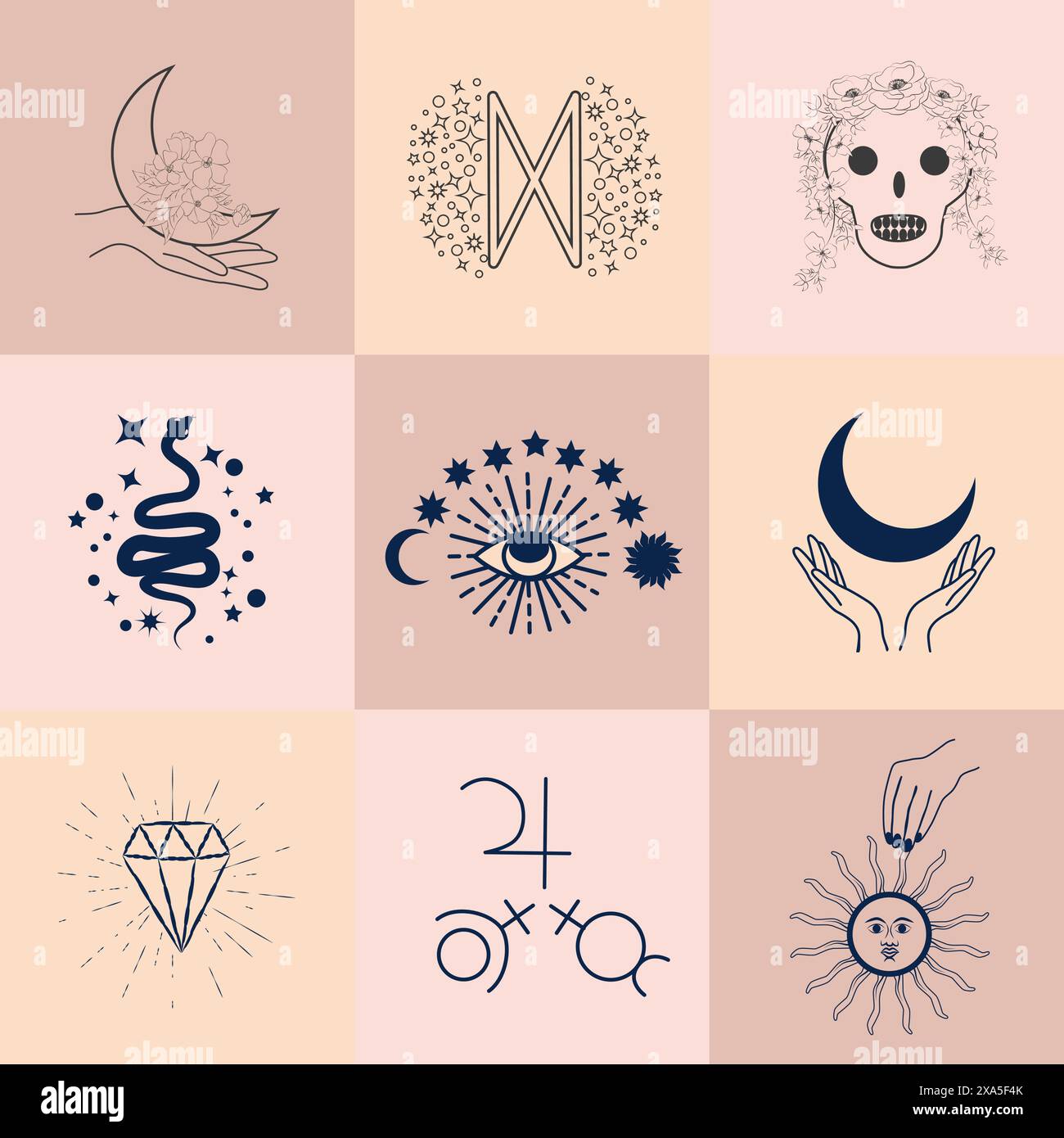Set of magic symbols, celestial seamless pattern. Astrological, magical ...