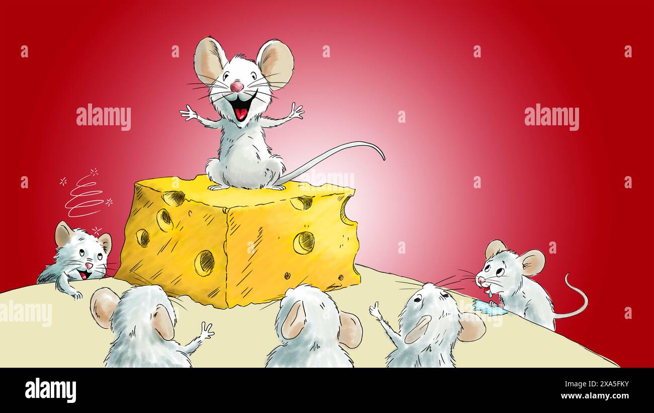 A hand-drawn illustration of mice surrounding the cheese Stock Photo ...