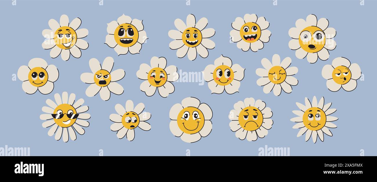 Happy groovy daisy flowers face set. Funky flower characters, cute ...
