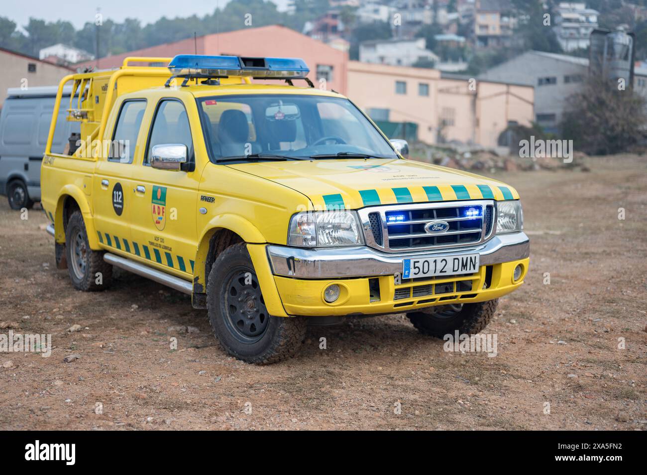 The yellow Ford Ranger pickup off-road vehicle with sirens from the ...