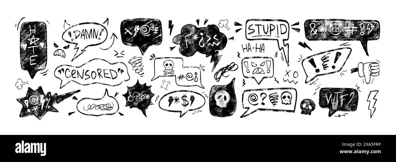 Swear speech bubble set with bad words, curses, expletives, angry emoji ...