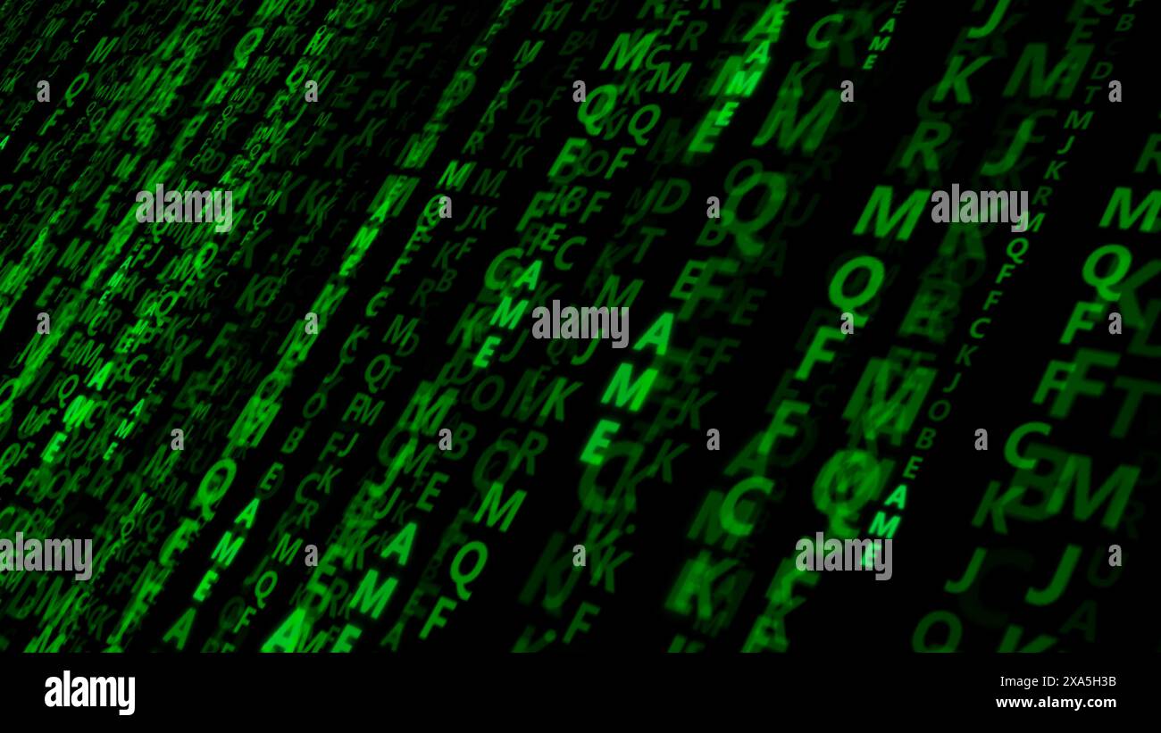 Set of green letters in one line on a black background. 3d render ...